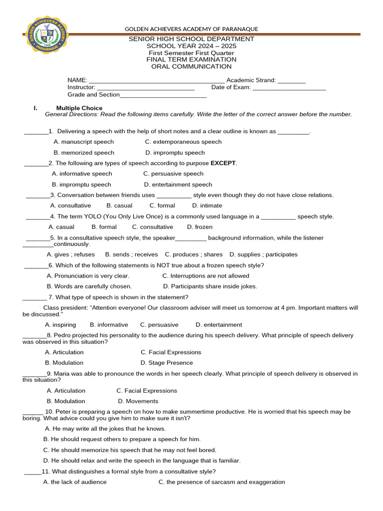 Oral Communication (Final Exam) | PDF | Speech | Human Communication