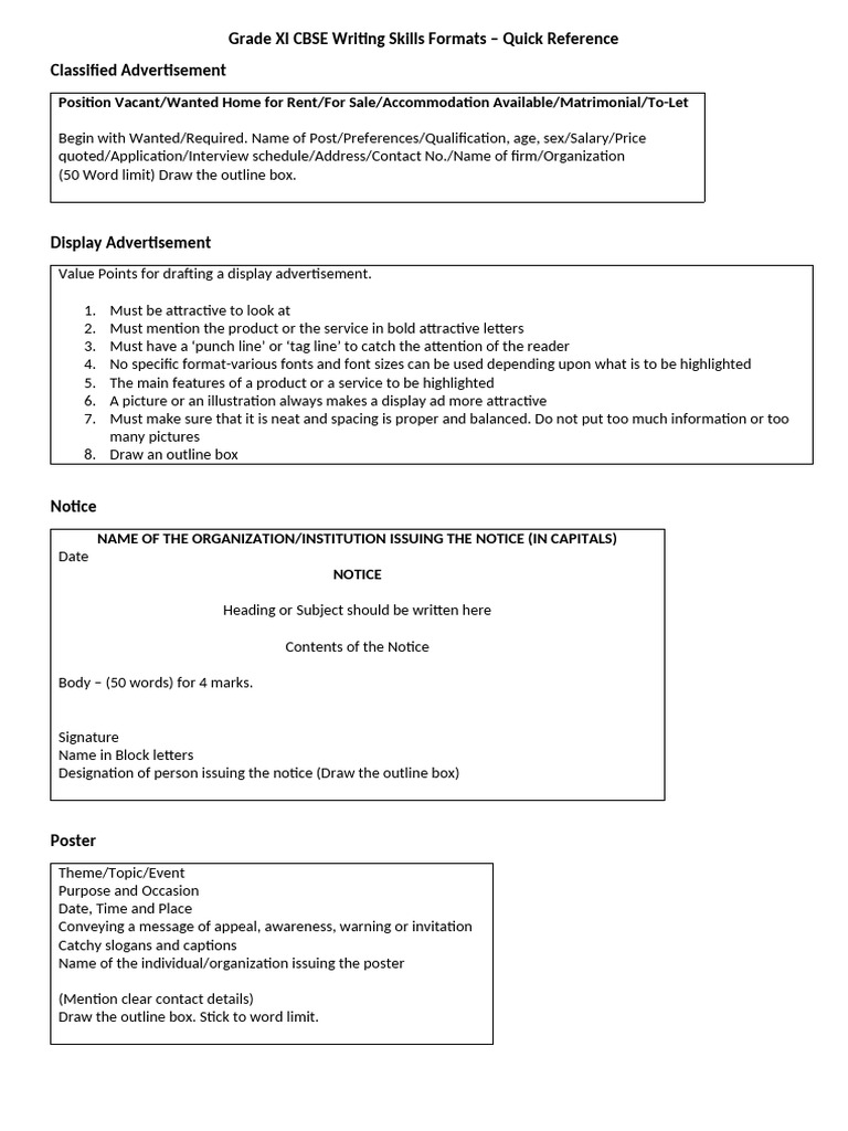 Writing Skills Quick Reference Grade XI | PDF | Madam | Advertising