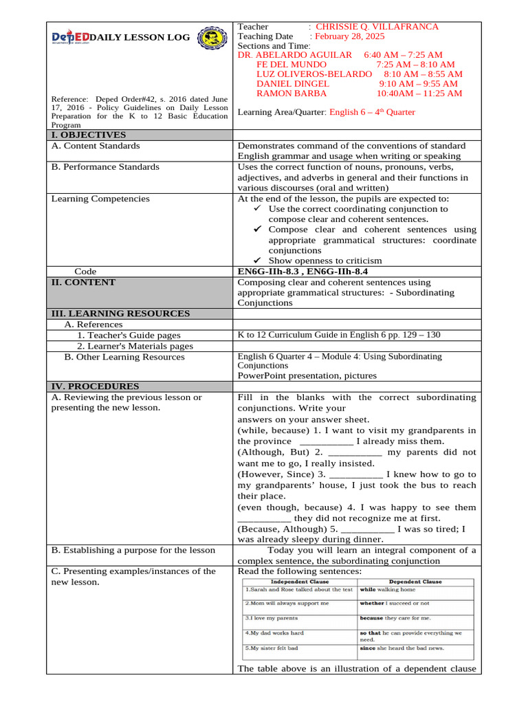 Daily Lesson Log: English 6 Grammar | PDF | English Language | English ...