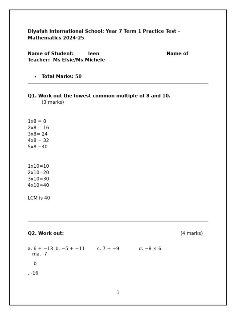 Year 7 Math Practice Test | PDF | Mathematics