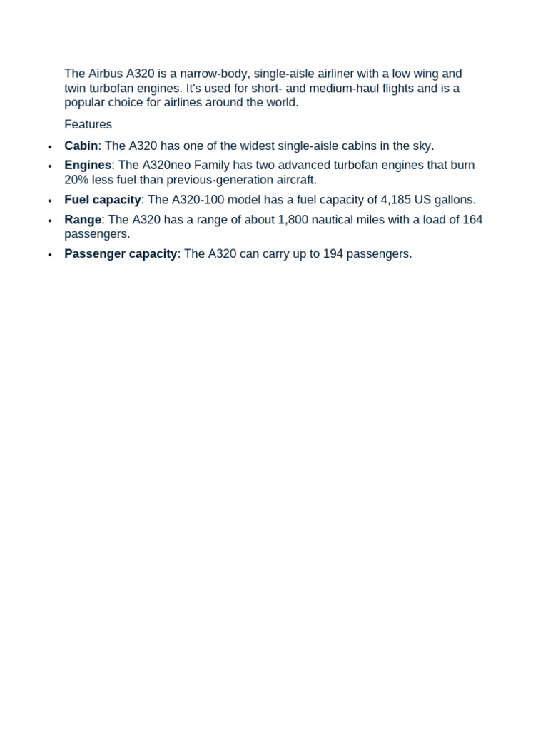 Airbus A320: Features and Specifications | PDF