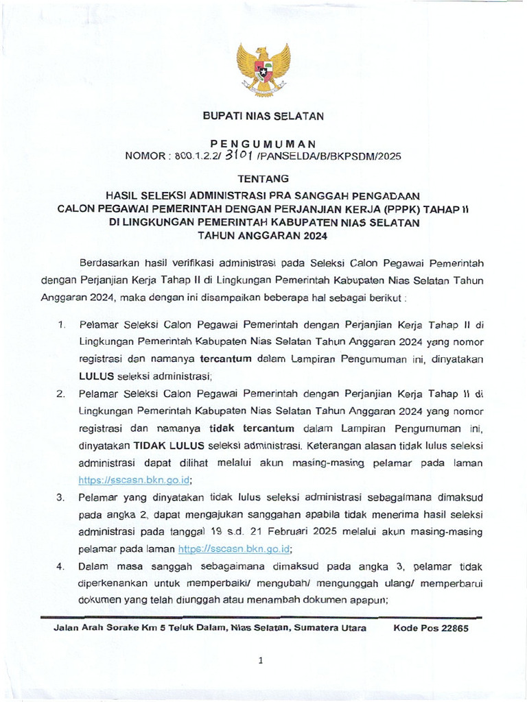 PENGUMUMAN PRA SANGGAH HASIL SELEKSI ADMINISTRASI PPPK TAHAP 2 TAHUN 2024 | PDF