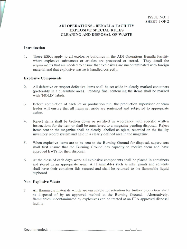 Explosive Special Rules Cleaning and Disposal of Waste | PDF | Waste ...