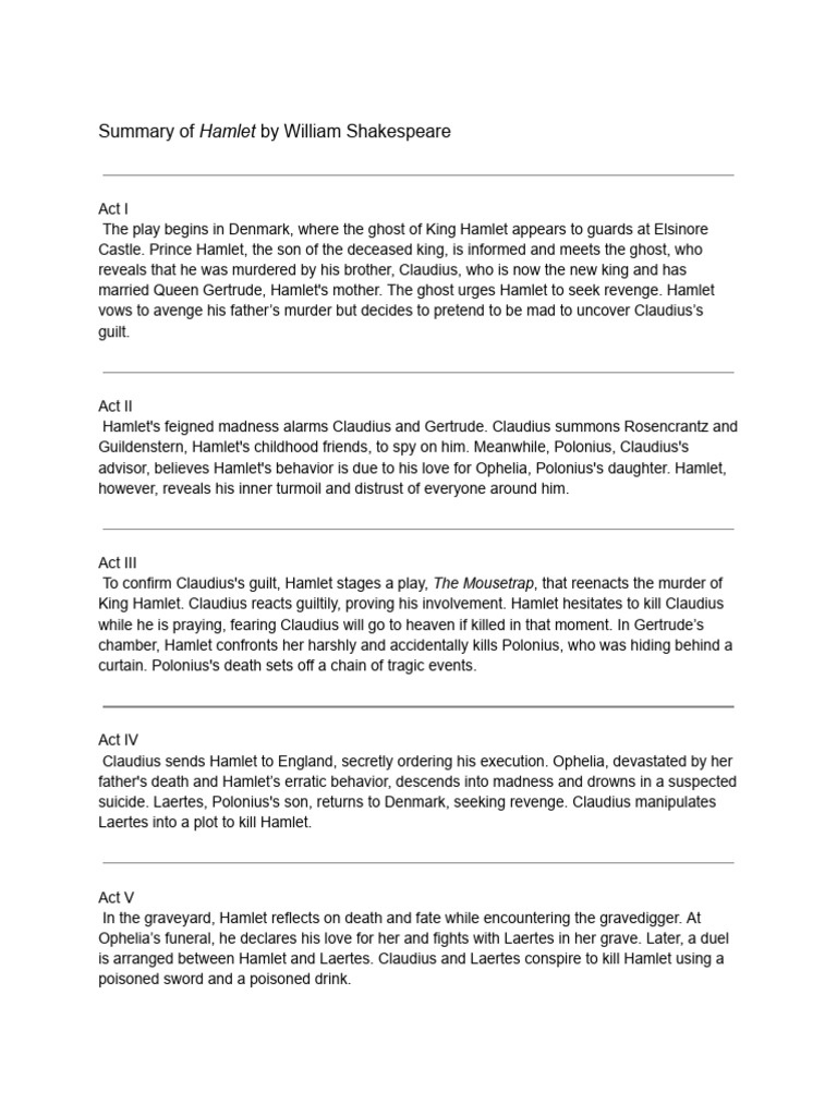 Summary of Hamlet by William Shakespeare | PDF | Hamlet | Shakespearean ...