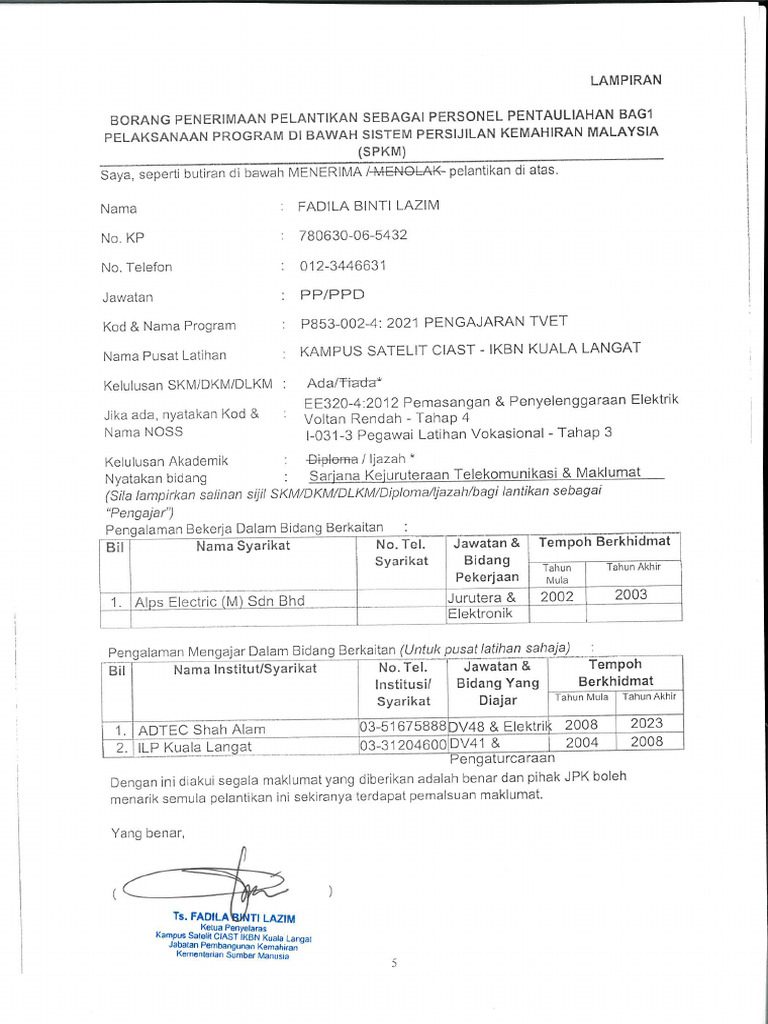 006 - Borang Penerimaan Lantikan Personel SPKM | PDF