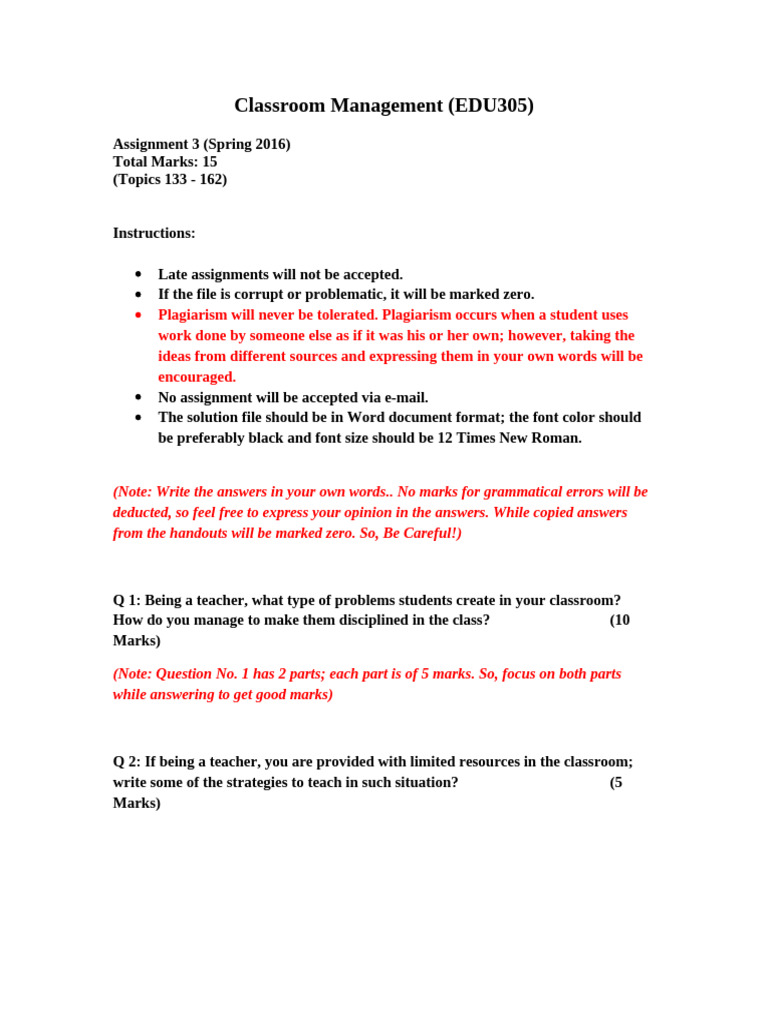 Classroom Management Assignment | PDF