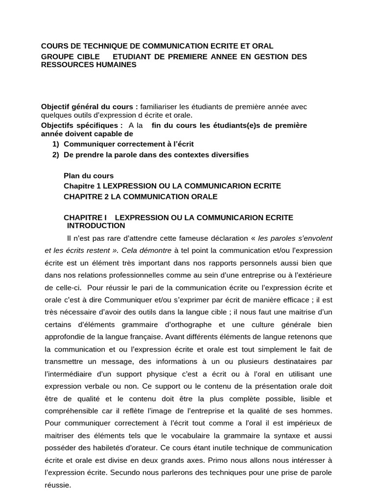 Cours de Technique de Communication Ecrite Et Orale Version Finale ...