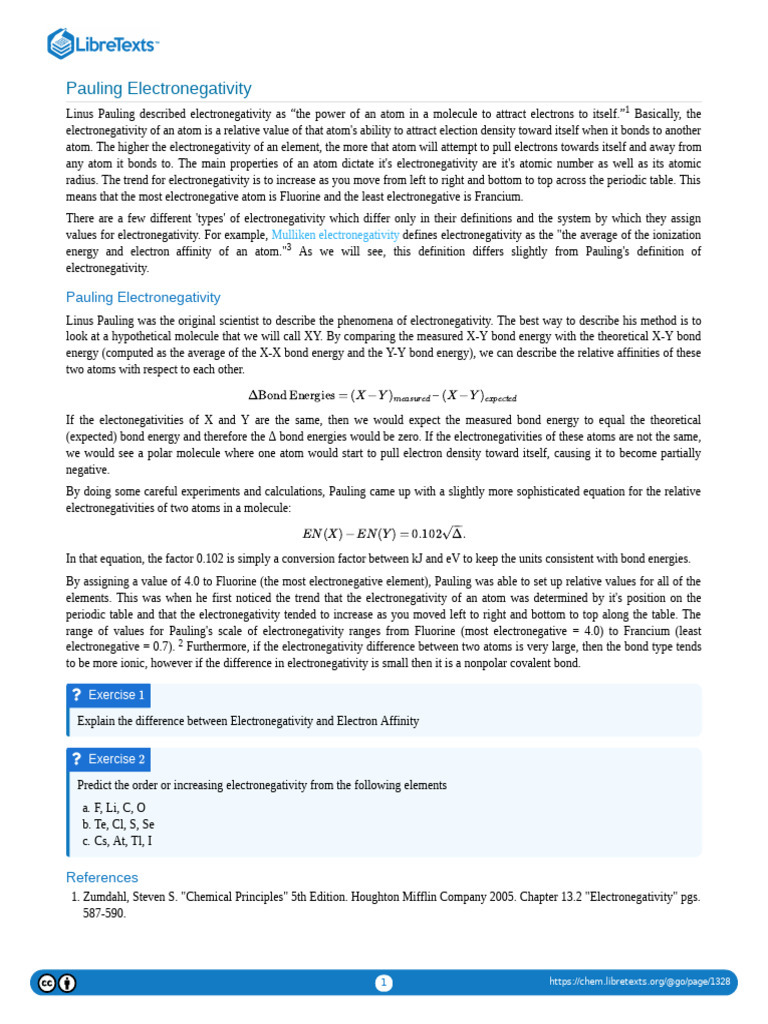 Pauling Electronegativity | PDF | Chemical Bond | Chemical Polarity