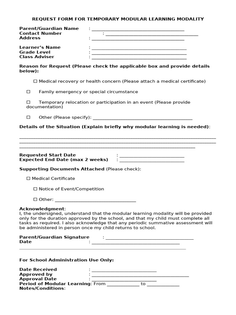 Temporary Modular Learning Request Form | PDF