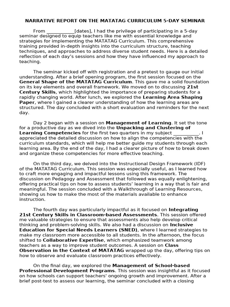Narrative Report - Matatag - V2 | PDF | Curriculum | Learning
