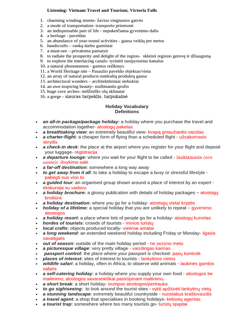 Vocabulary Holiday Transport Travel | PDF