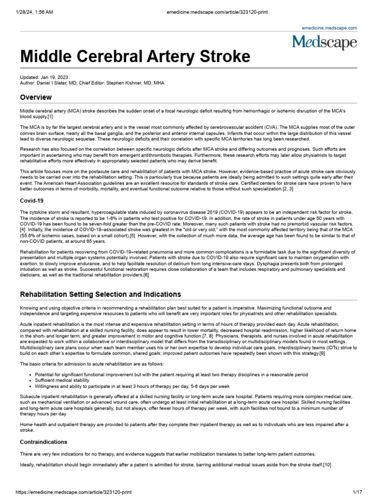 Middle Cerebral Artery Stroke - Emedicine | PDF | Stroke | Physical Therapy