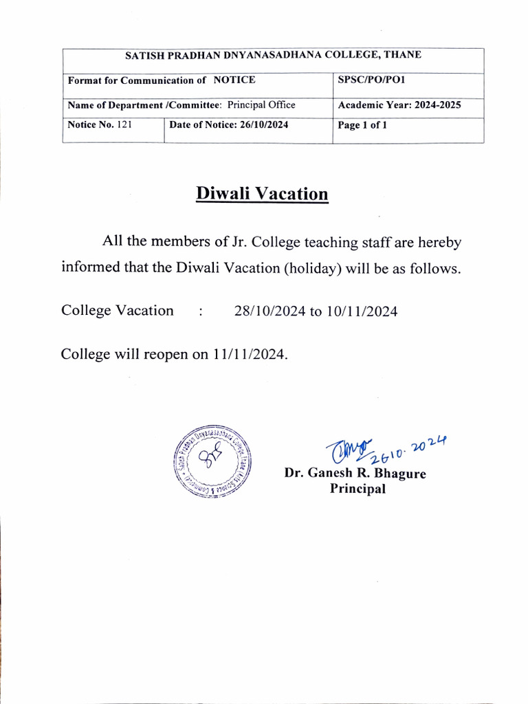 Diwali Vacation Notice for Students | PDF