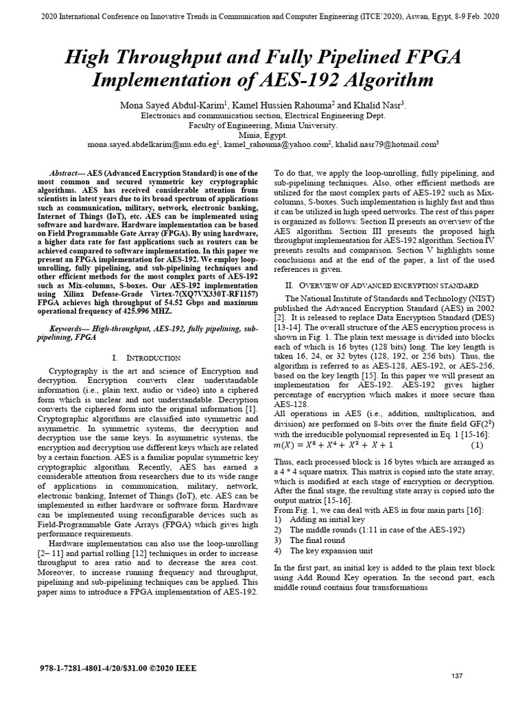 High-Throughput AES-192 FPGA Design | PDF | Key (Cryptography ...