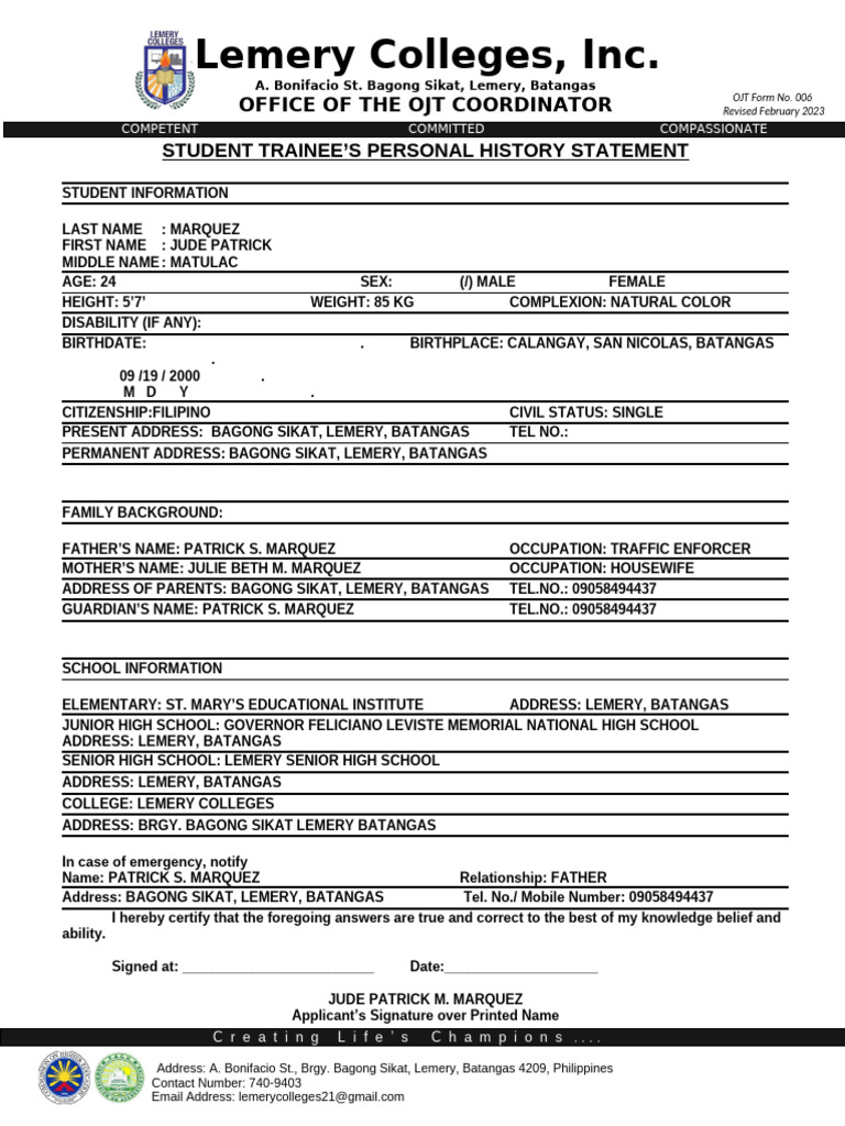 OJT Form No. 006 PERSONAL HISTORY STATEMENT | PDF | Philippines