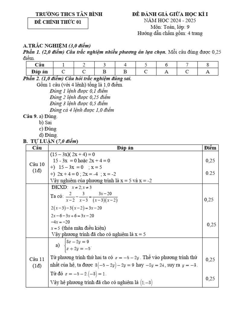 De Giua Hoc Ki 1 Toan 9 Nam 2024 2025 Truong Thcs Tan Binh Hai Duong | PDF