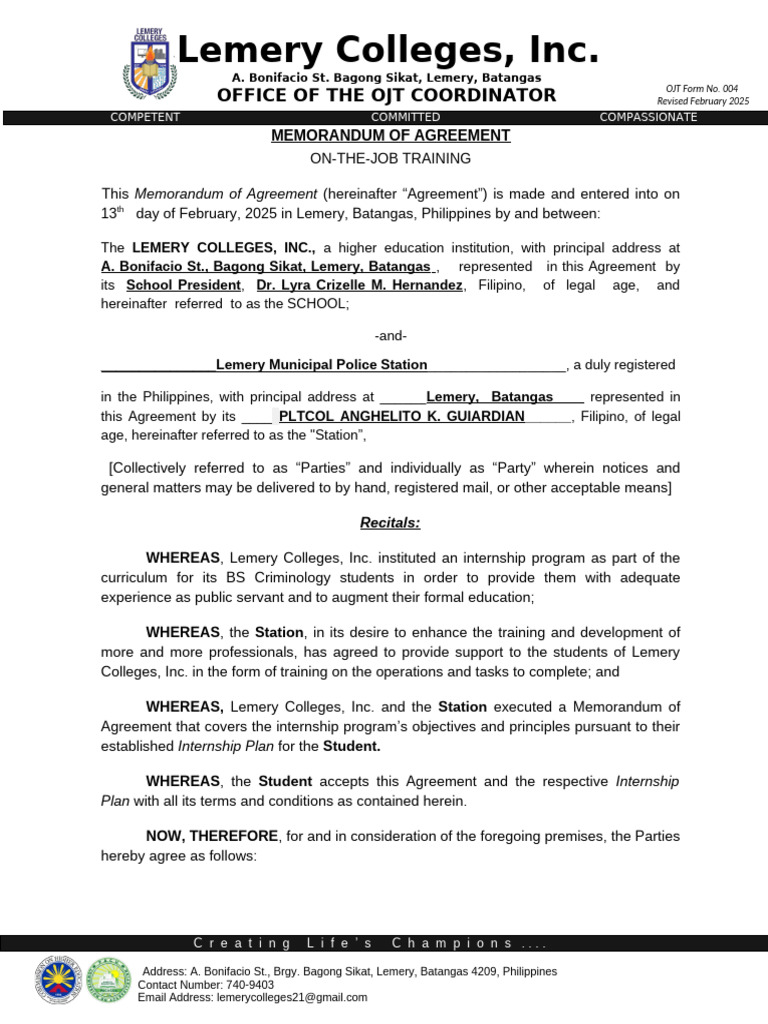 OJT Form No. 004 MEMORANDUM OF AGREEMENT | PDF | Private Law | Common Law