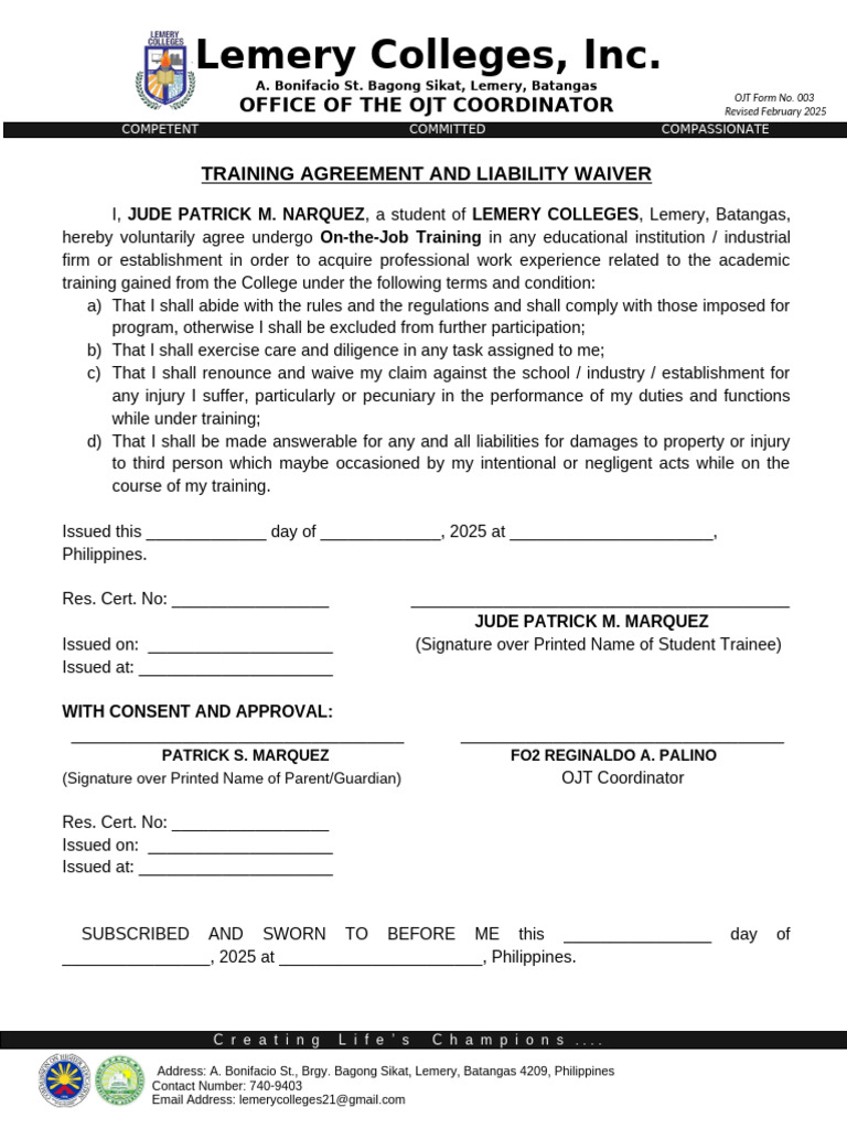 OJT Form No. 003 TRAINING AGREEMENT AND LIABILITY WAIVER | PDF | Justice | Crime & Violence