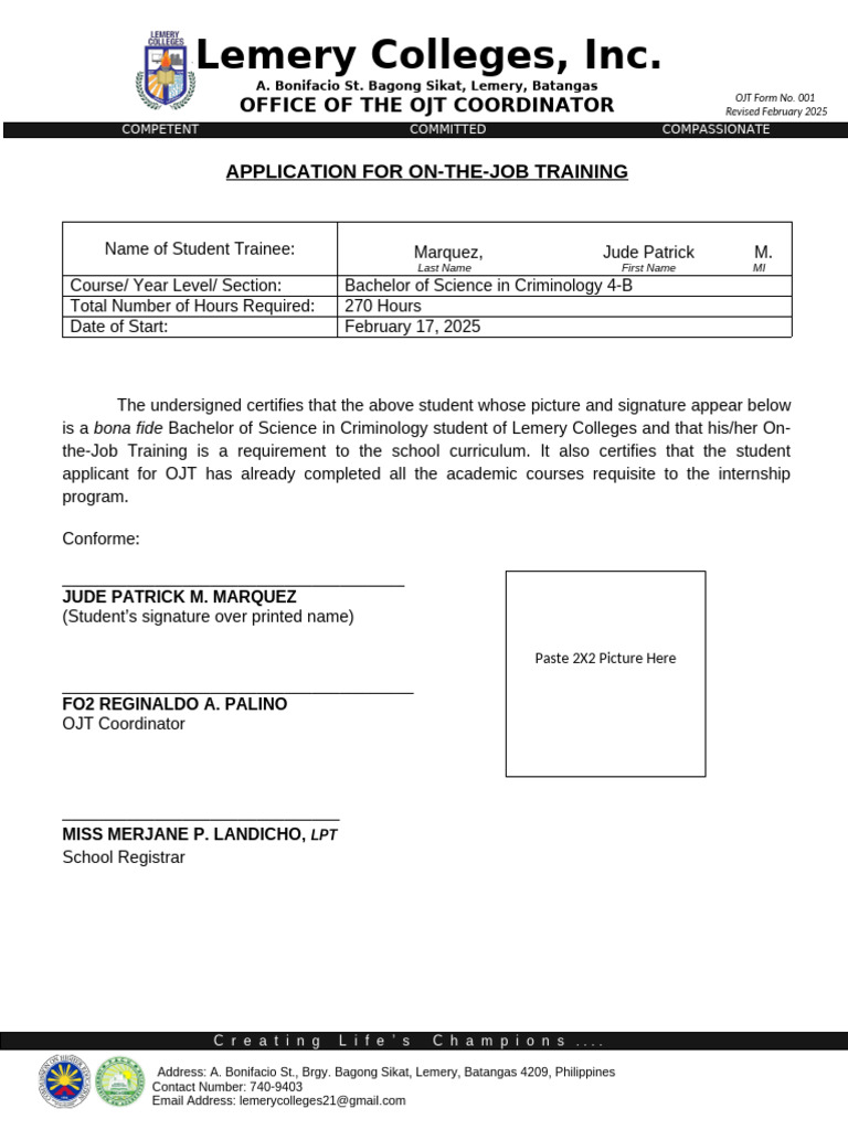 Ojt Form No. 001 Application for Ojt | PDF