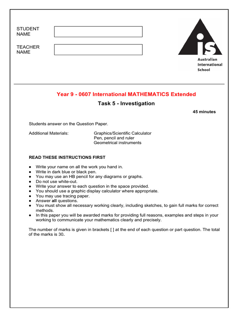 0607 - Investigation m22 - QP - 62-2022 Task 5 | PDF | Mathematics