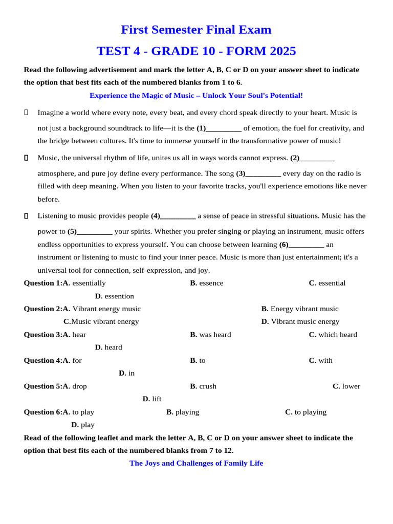 First Semester Final Exam TEST 4 GRADE 10 FORM 2025.docx Giải Chi Tiết ...