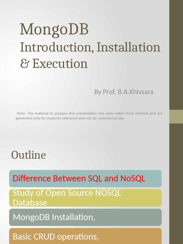 Mongodb Introductioninstalaltion and Basic Crud Operations | PDF | No ...