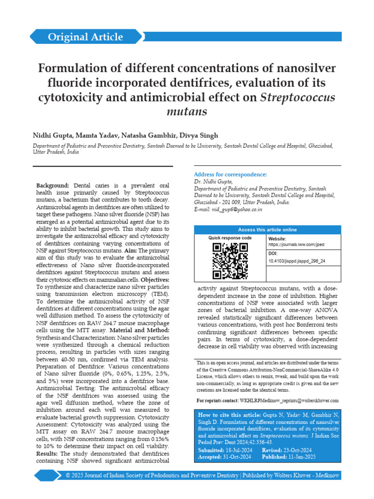 Efficacy of Nano Silver Fluoride Dentifrices | PDF | Tooth Enamel