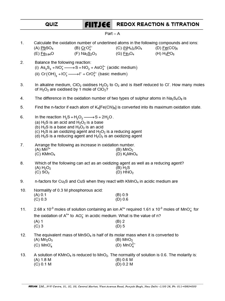 Redox Reactions & Titration Quiz | PDF | Redox | Acid