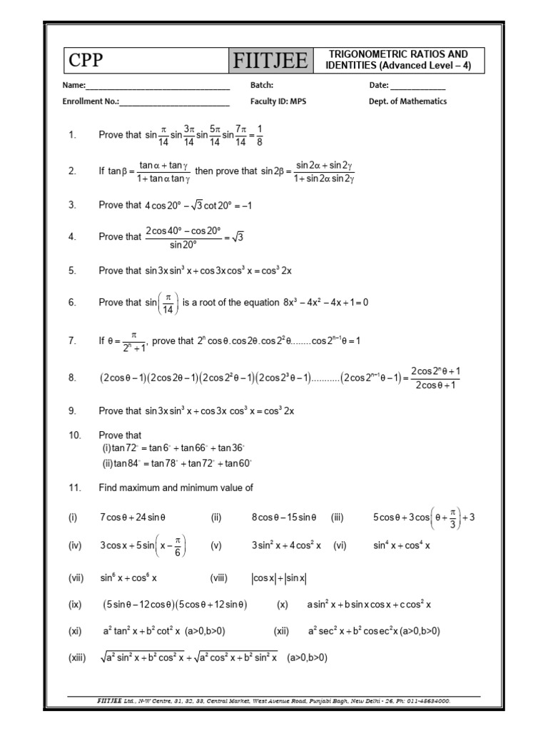 Trigono. Ratios & Identities (Advanced Level - 4) - 24.07.3022 | PDF ...