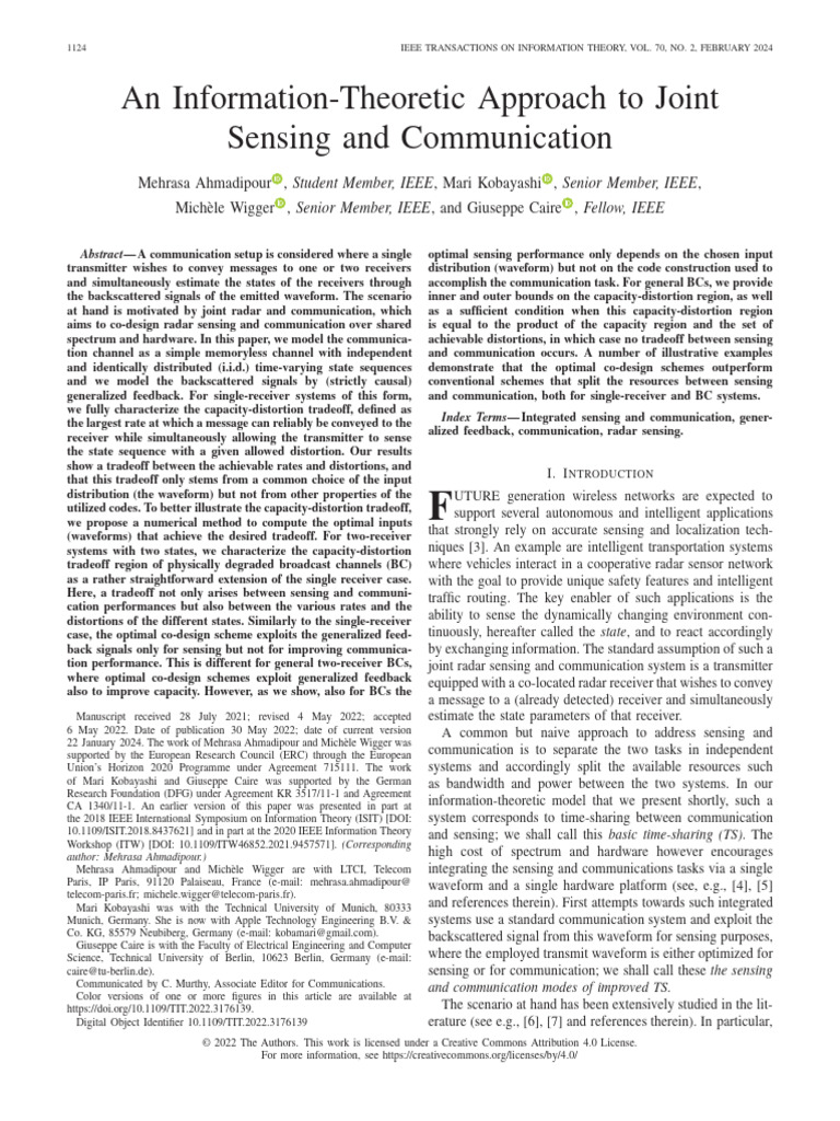 An Information-Theoretic Approach To Joint Sensing and Communication | PDF | Communication | Radar