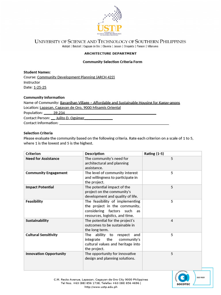 Community Selection Criteria Form - ARCH 4F | PDF | Cognition