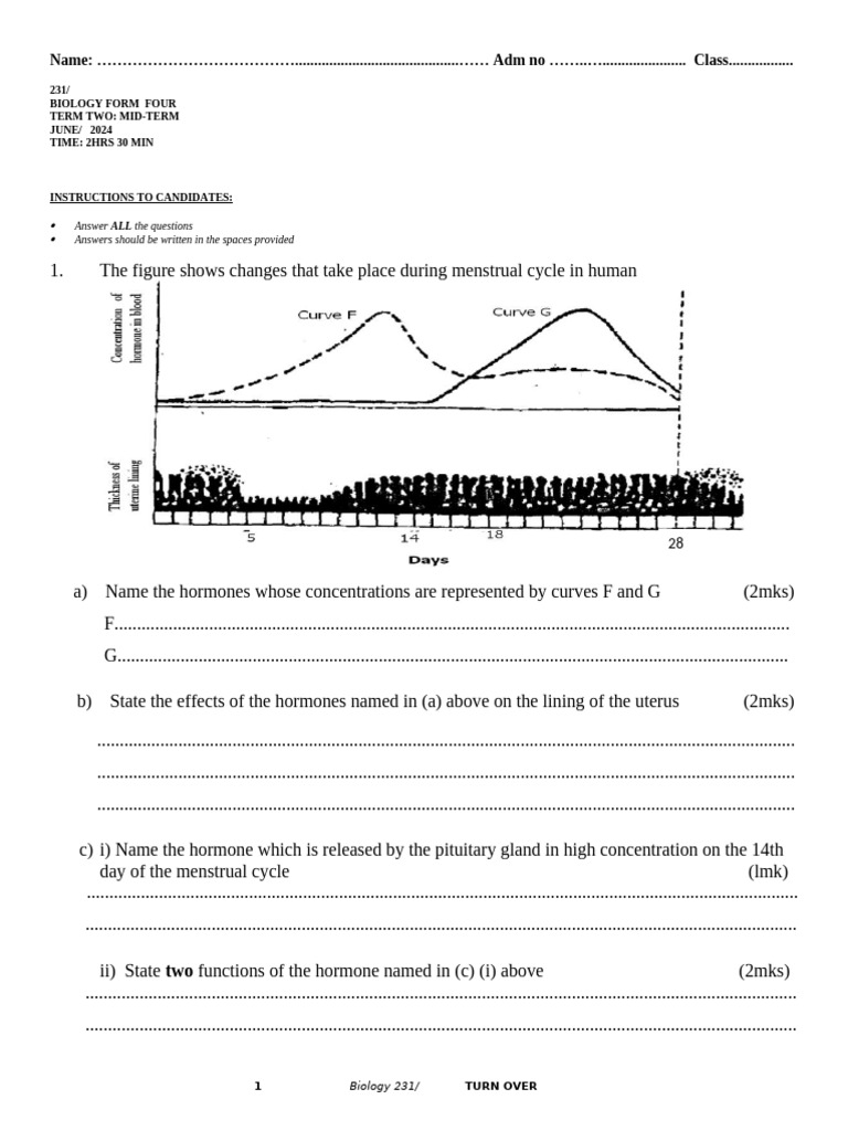 Biology F4 QS Mid T2 Teacher - Co - .Ke | PDF | Menstrual Cycle | Hormone