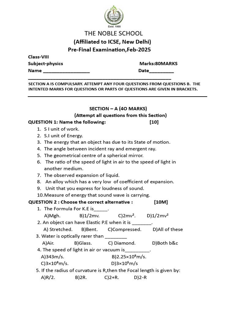 Class 8 Phy Prefinal | PDF | Liquids | Speed Of Light