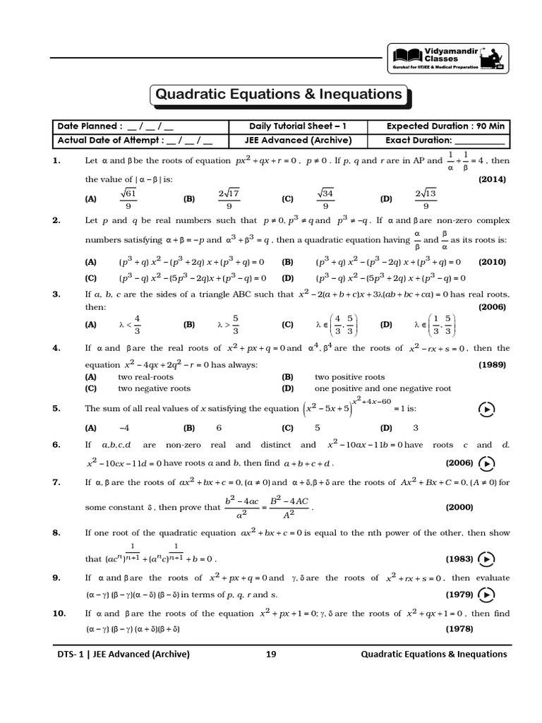 Quadratic Equation JEE Advanced DTS-1 | PDF | Mathematical Objects | Equations