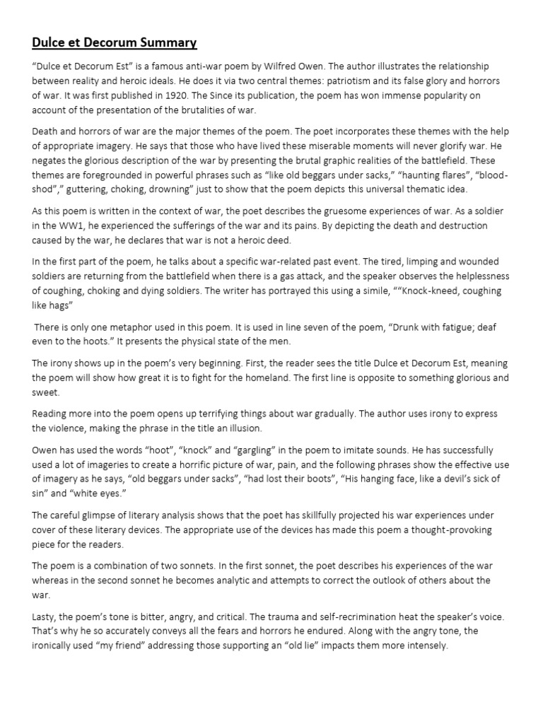 Summary of "Dulce et Decorum Est" | PDF | Poetry