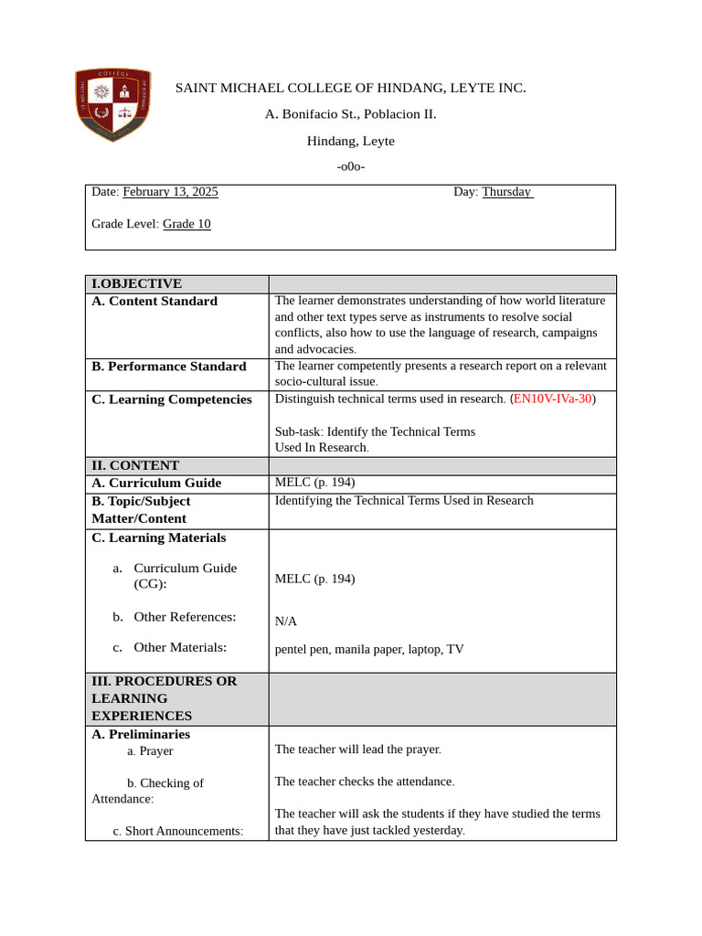 Lesson-Plan-G10 (Module 1) 3 | PDF | Cognition | Procedural Knowledge