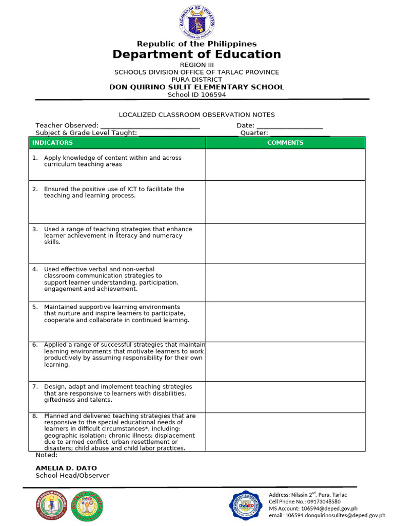 DQSES Observation Notes With Indicators | PDF | Learning | Educational ...
