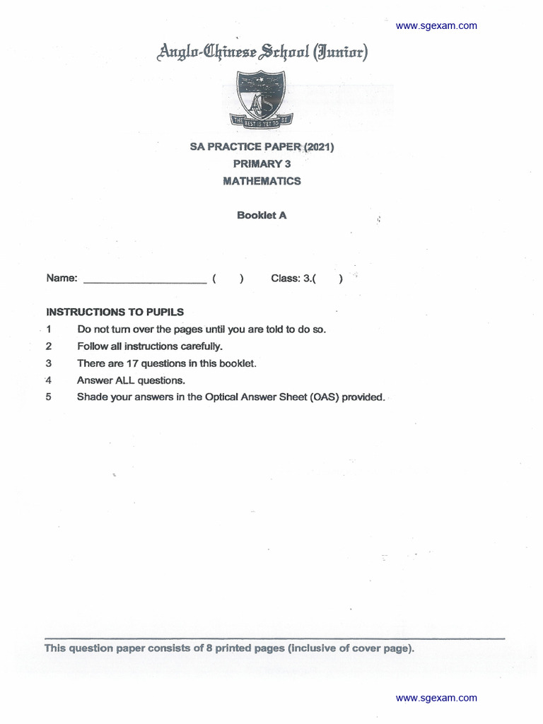 2021 P3 Maths SA Practice Paper ACSJ 2 | PDF