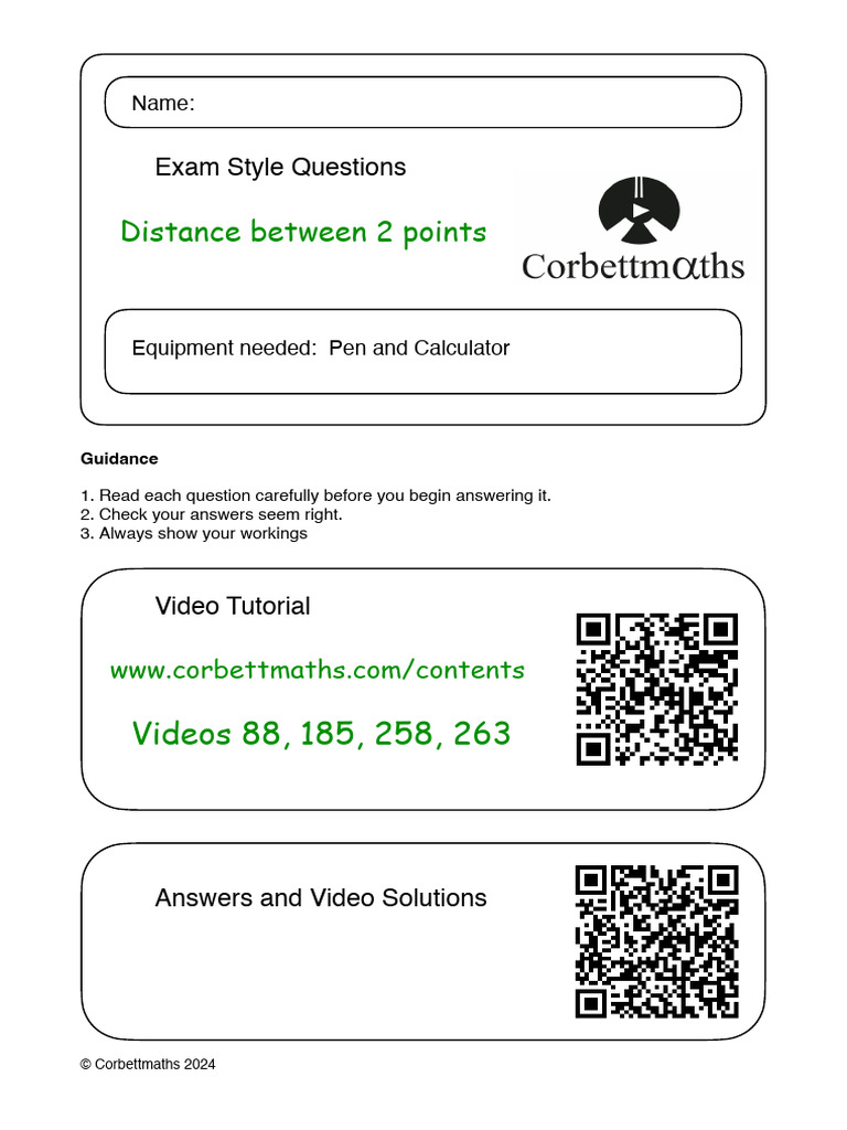 Distance Calculation Exam Questions | PDF | Mathematics | Geometry