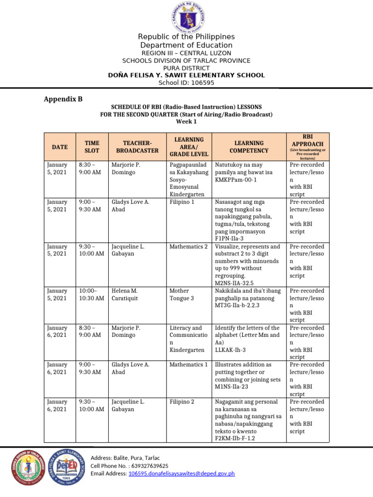 RBI Lesson Schedule for Doña Felisa School | PDF | Linguistics