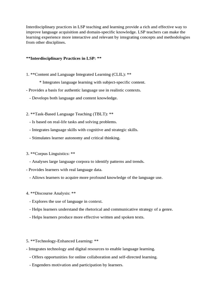 Interdisciplinary Practices in LSP Teaching and Learning Provide A Rich and Effective Way To ...