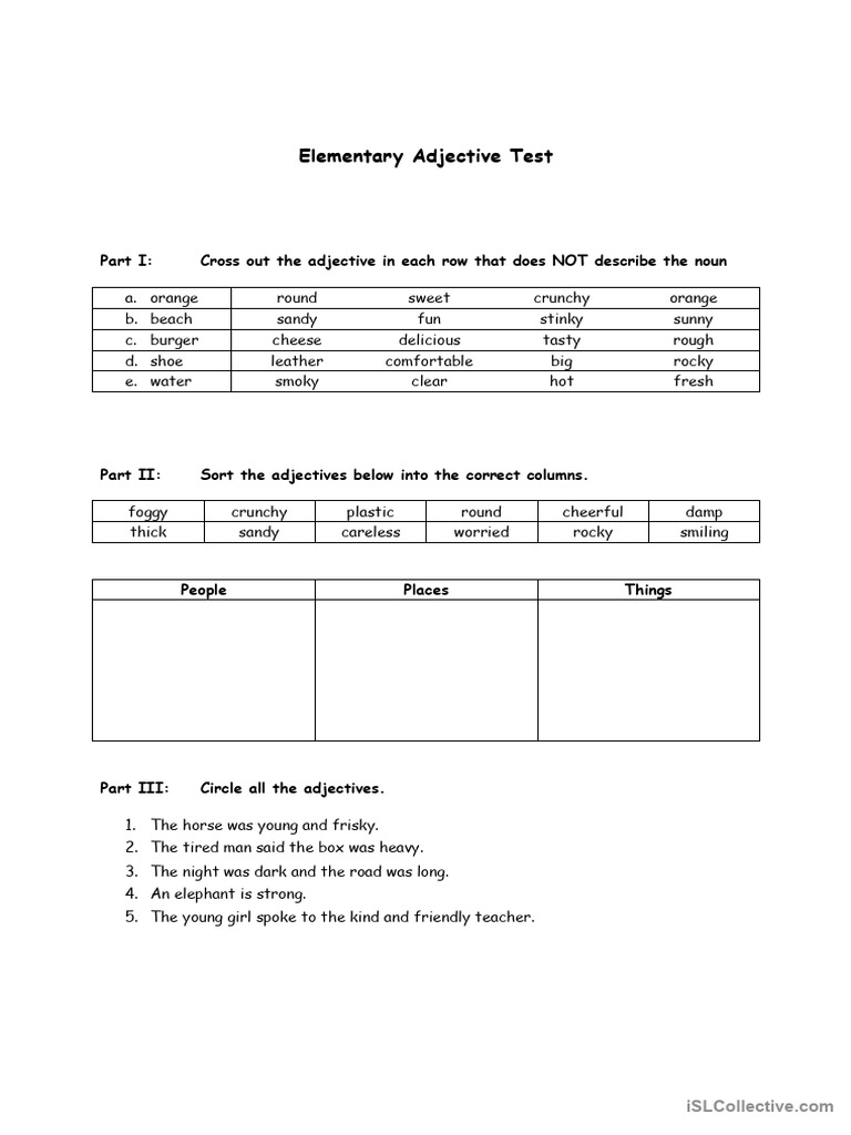 Elementary Adjective Practice Test | PDF | Adjective | Morphology