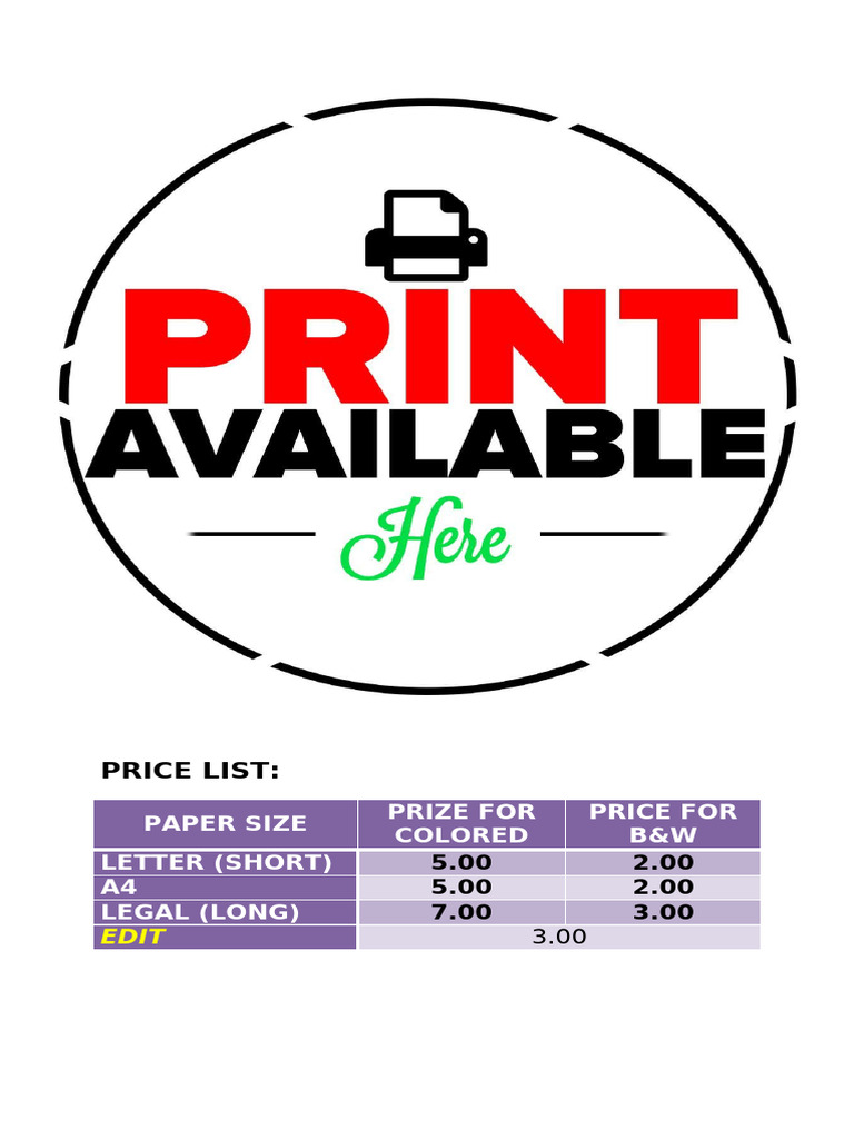 Printing Price List for Paper Sizes | PDF
