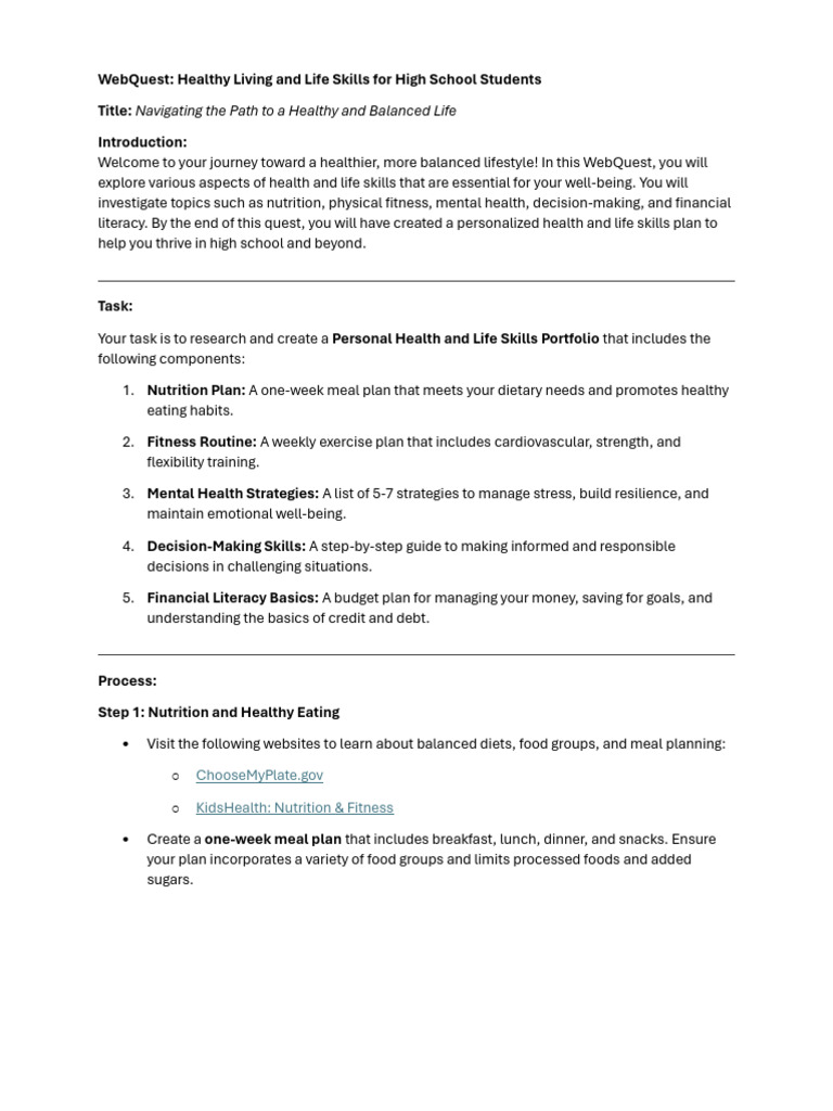 Healthy Living WebQuest for Teens | PDF | Physical Fitness | Decision ...