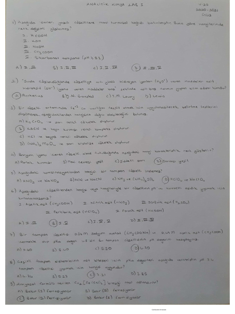Analitik Kimya I Lab Vize 2020 2021 Güz | PDF