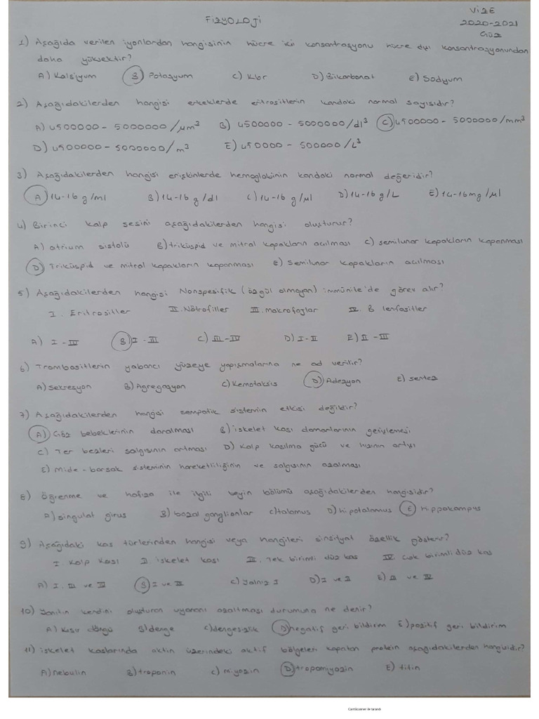 Fizyoloji Vize 2020 2021 Güz | PDF