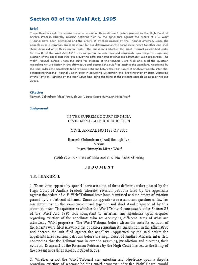 Section 83 of The Wakf Act, 1995: Brief | PDF | Lawsuit | Jurisdiction