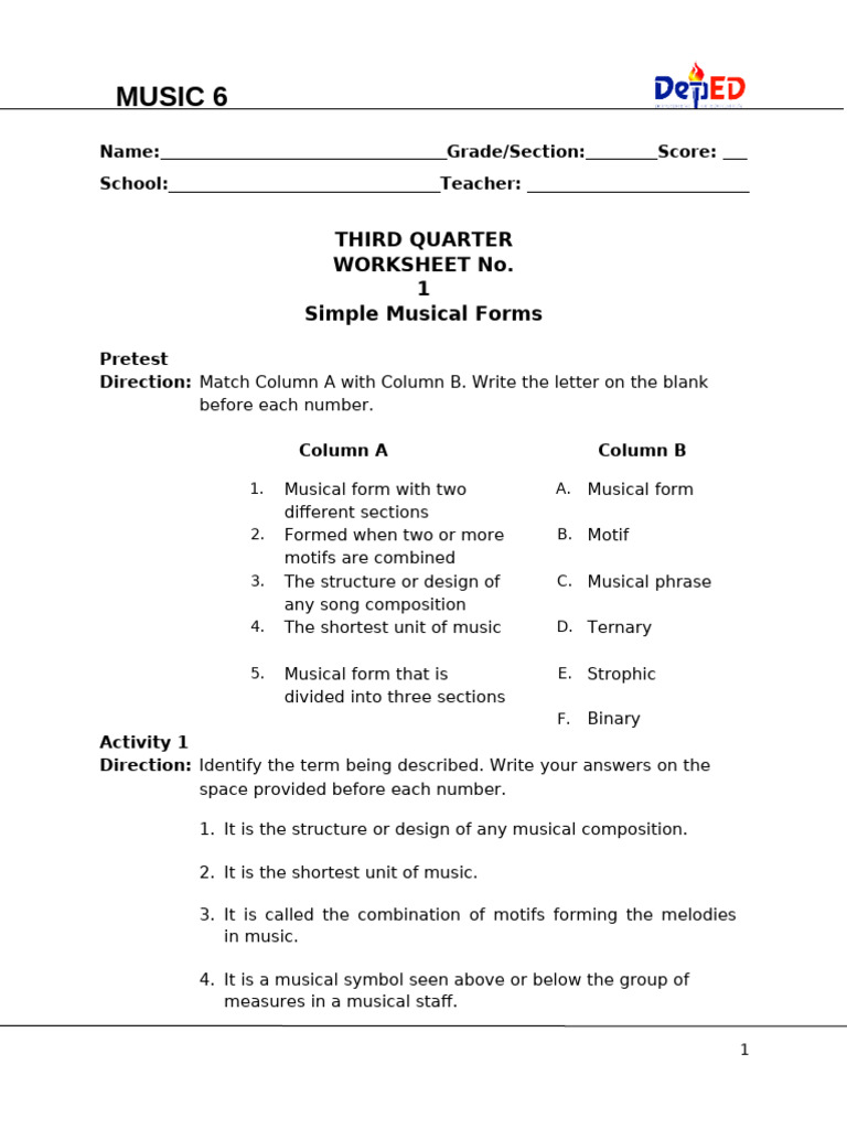 Simple Musical Forms Worksheet | PDF | Musical Forms | Music Theory