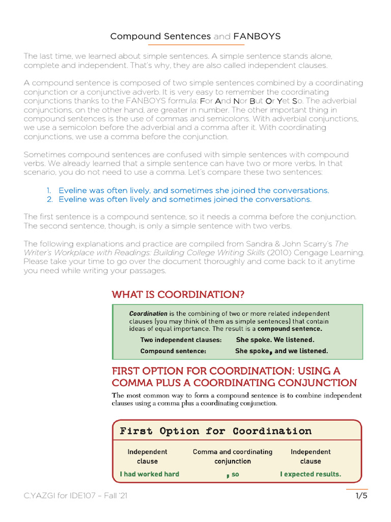 Compound Sentences and FANBOYS | PDF