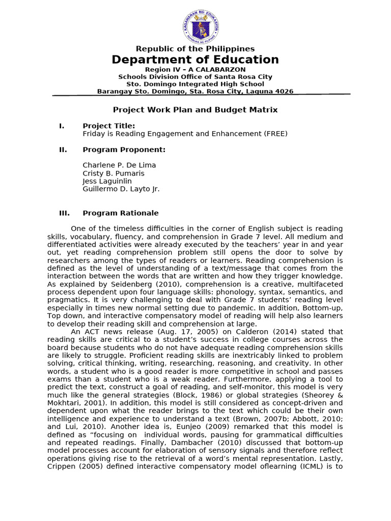 Free-Project-Work-Plan 2023 | PDF | Reading Comprehension | Cognitive Psychology